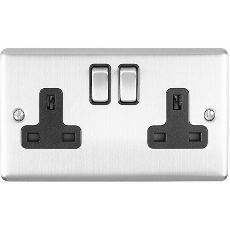 2 Gang Double uk Plug Socket satin steel 13A Switched Black Trim Power ...