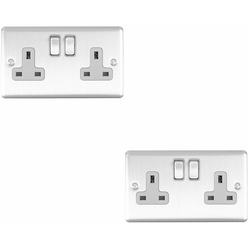 2 pack 2 Gang Double uk Plug Socket satin steel & Grey 13A Switched Outlet