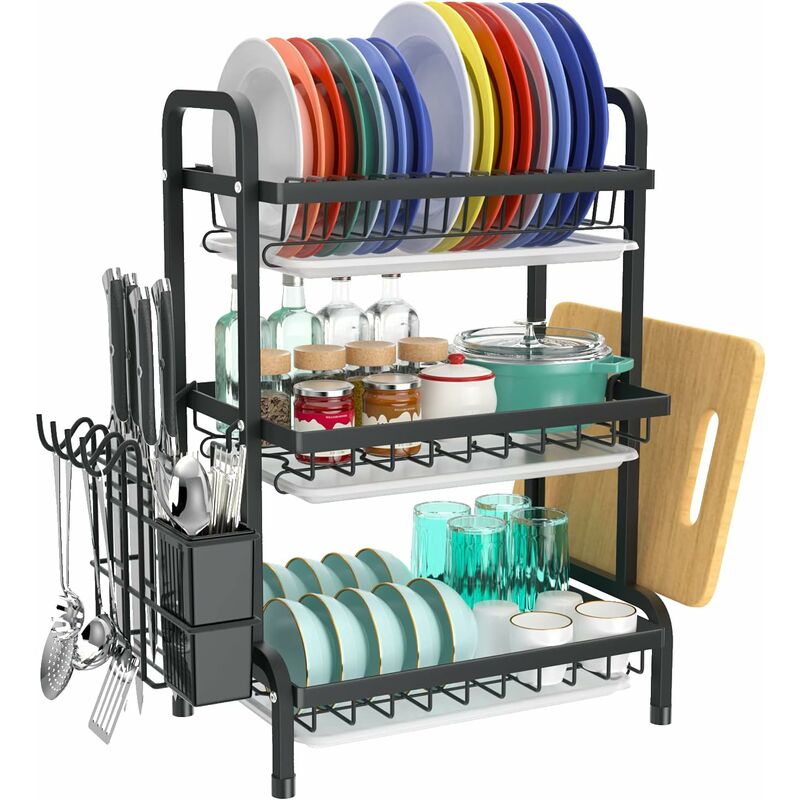 Dish Drainers Rack With Drip Tray, 3 Tier Large Dish Drying Rack With ...