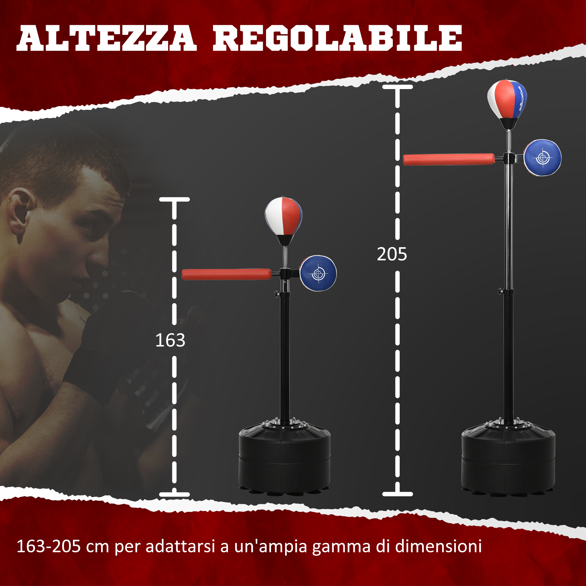 Sac de boxe avec barre rotative 360° et speedball réglable 163-205 cm