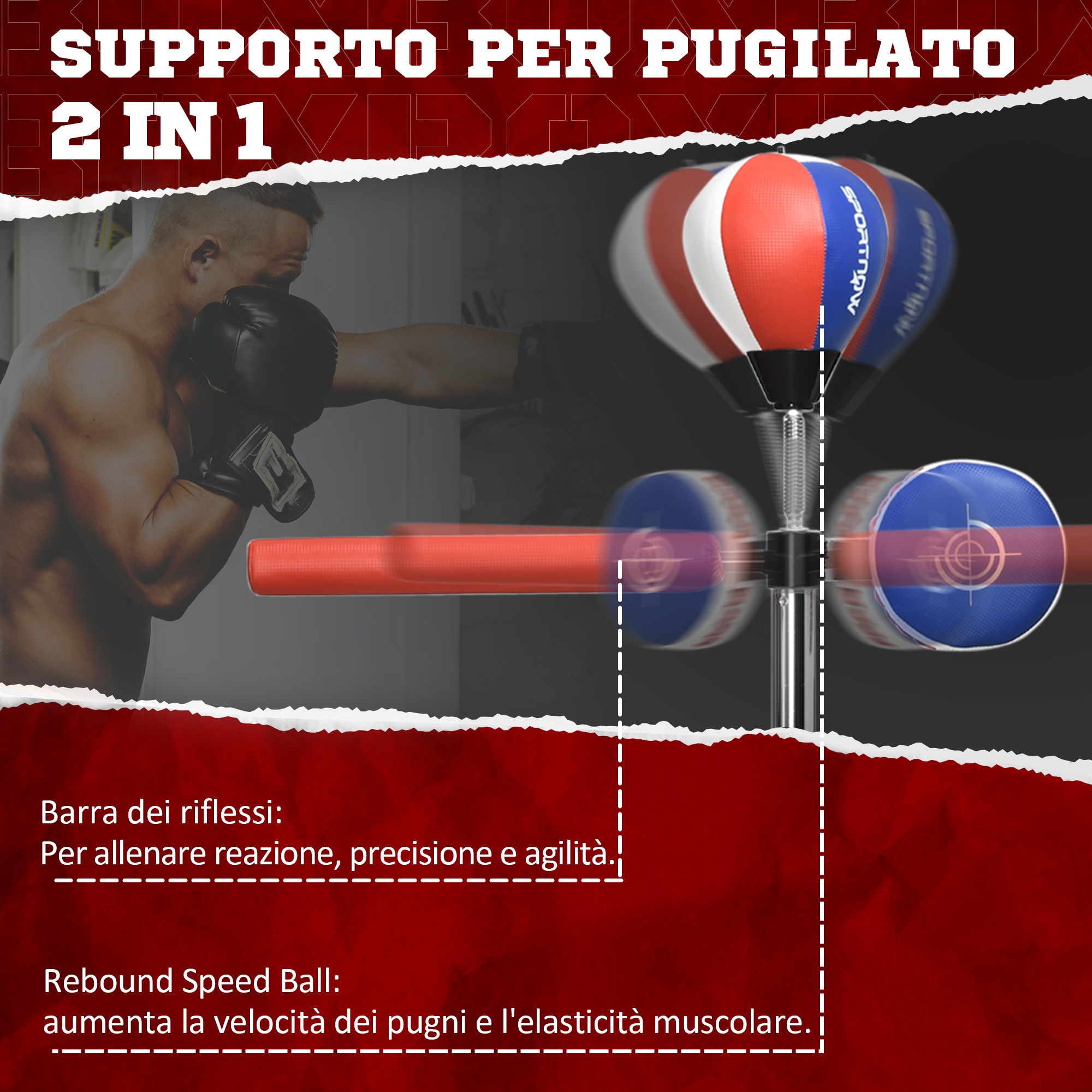 Sac de boxe avec barre rotative 360° et speedball réglable 163-205 cm