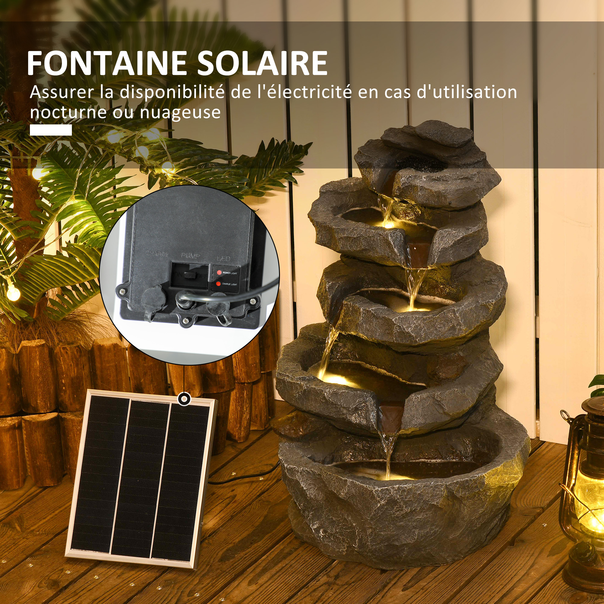 Solarbetriebener 5-stufiger Kaskadenbrunnen aus Kunstharz mit LED ...