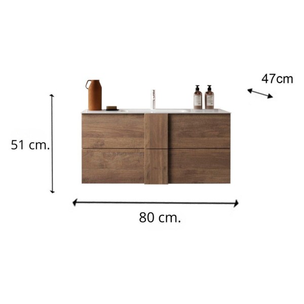Mueble de baño suspendido roble con cajones y lavabo de cerámica 80x51H ...