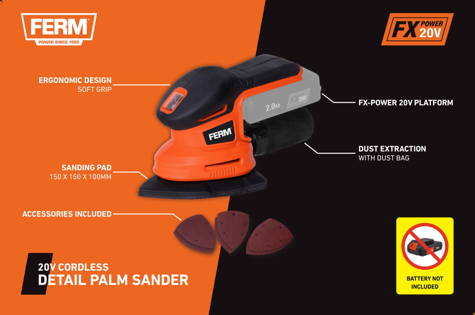 FERM AX-POWER Ponceuse sans fil 20V – sans batterie ni chargeur