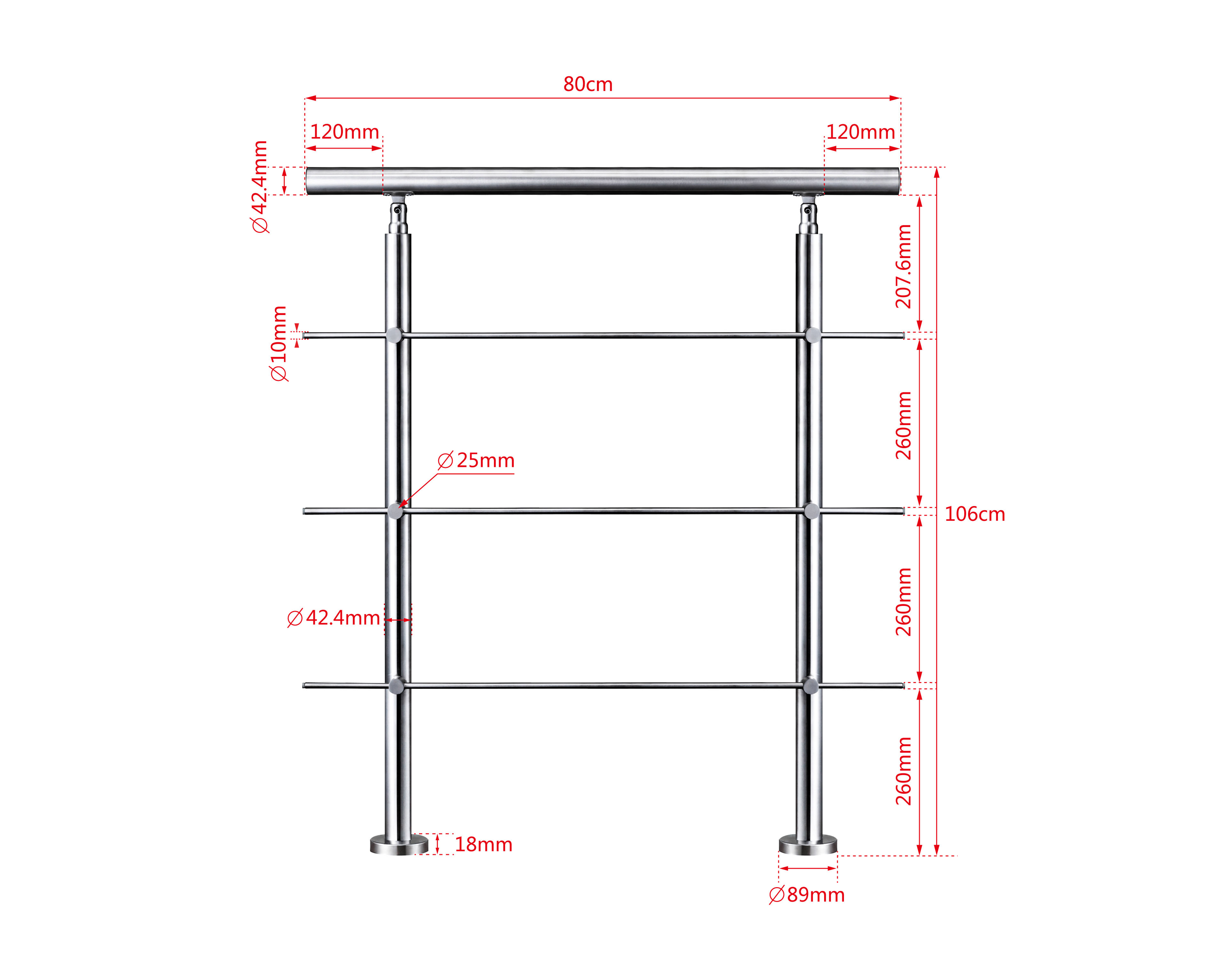 Aica 80x106cm Stainless Steel Handrail with 3 Cross bars Balustrade ...
