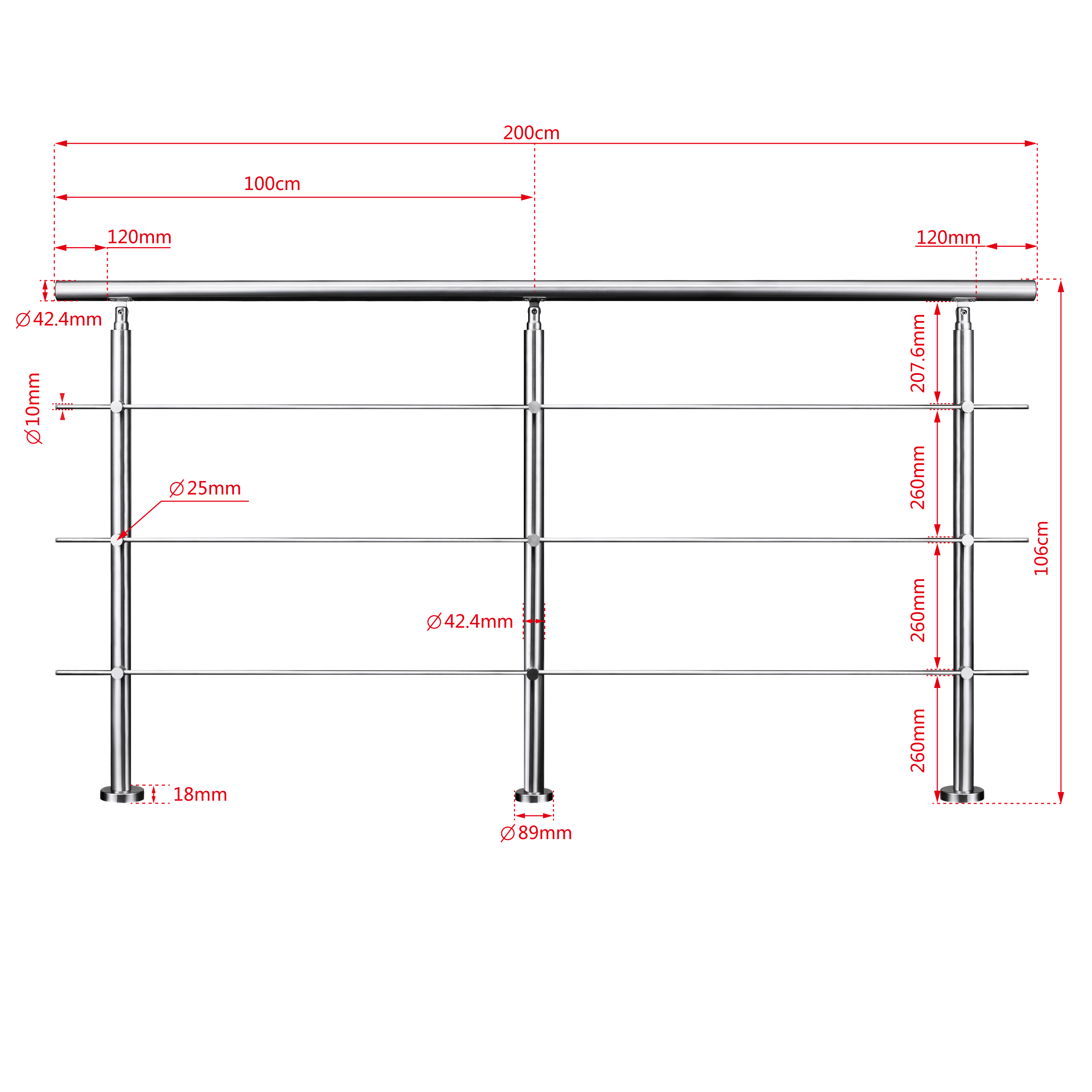 Aica 100x106cm Stainless Steel Handrail with 3 Cross bars Balustrade ...