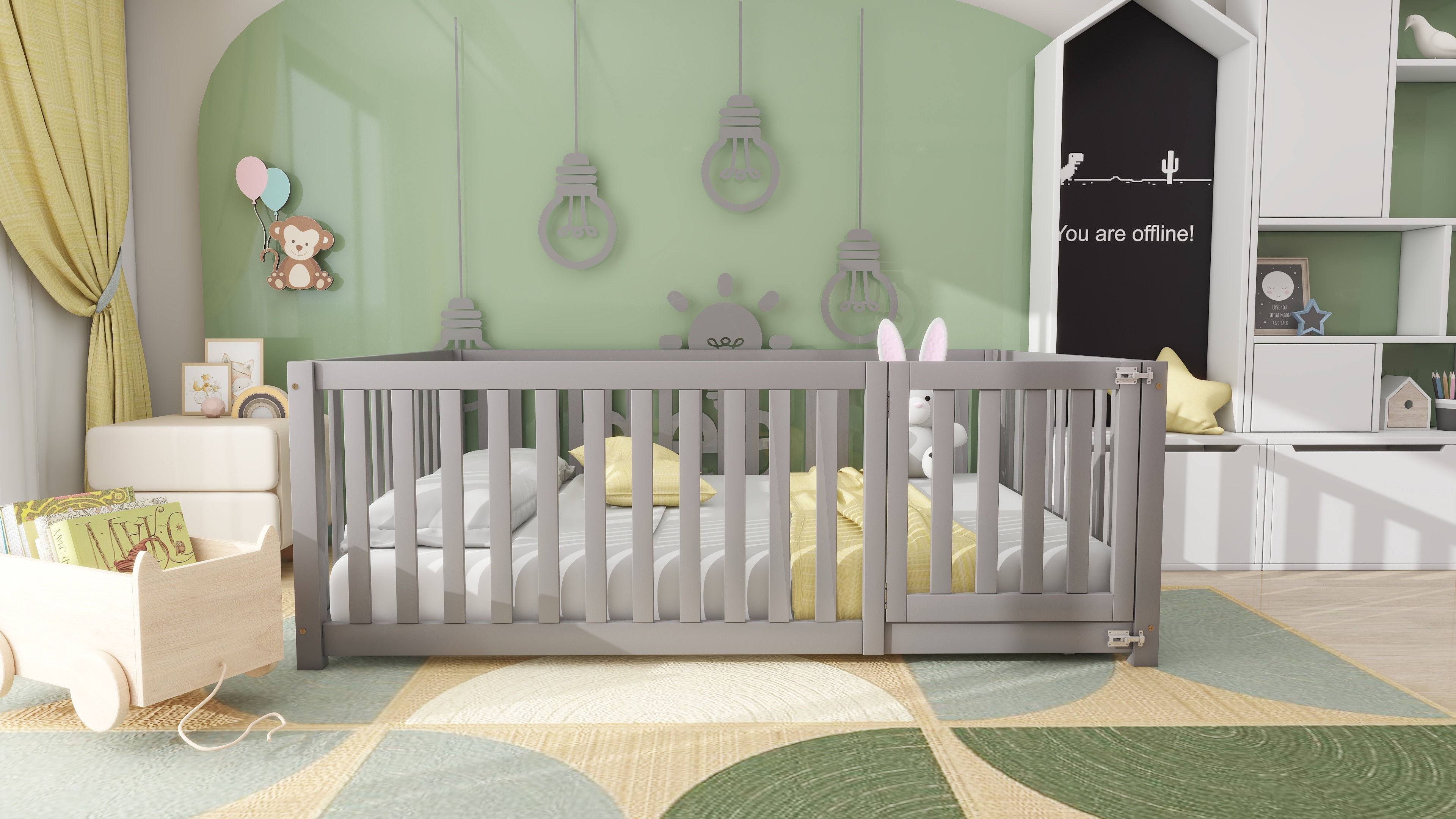 Kinderbett 140 x 200 cm Bettrahmen mit Gitter und Tür, Bodenbett ohne ...