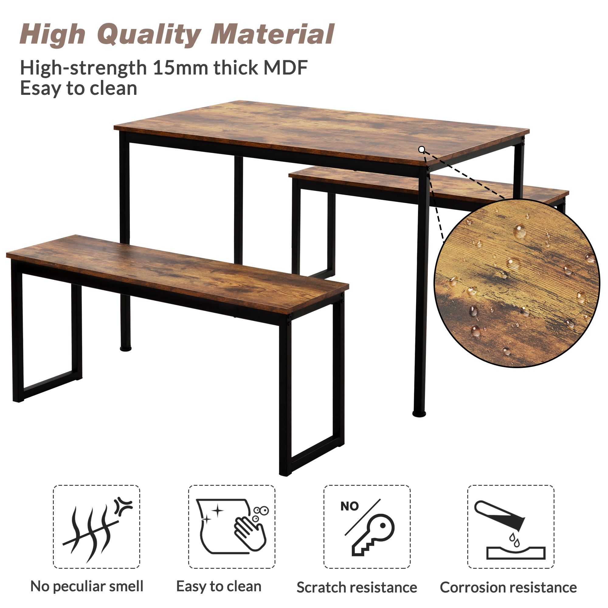 Space-Saving 3-Piece Dining Table and Bench Set for Kitchen Patio ...