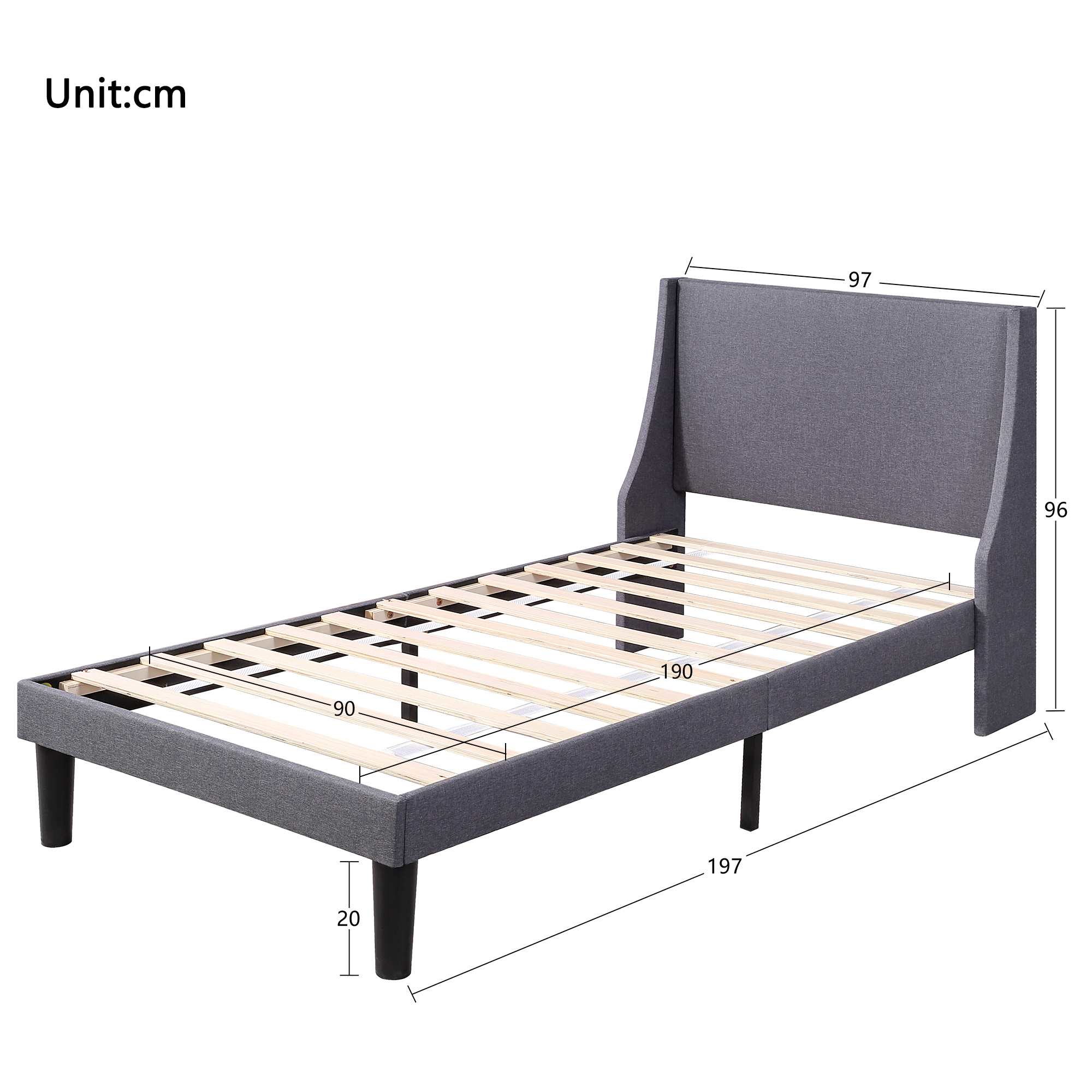 Grey Soft Linen Single Bed – 3FT Upholstered Bed with Winged Headboard ...