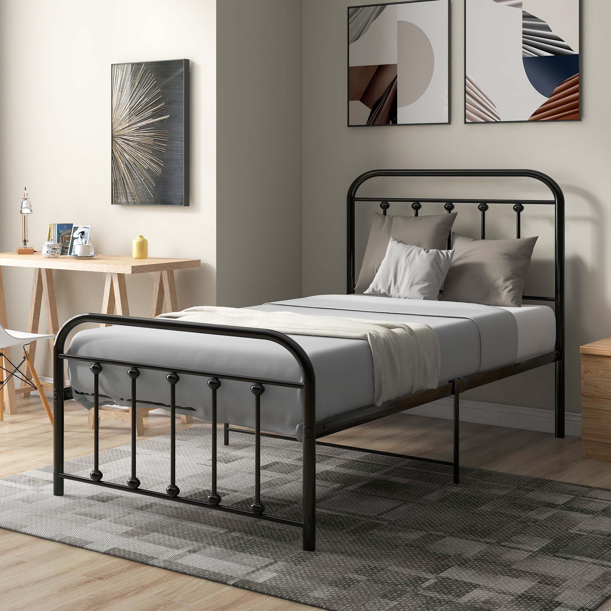 3FT Single Solid Metal Bed Frame for Adult Kids Teenagers Black