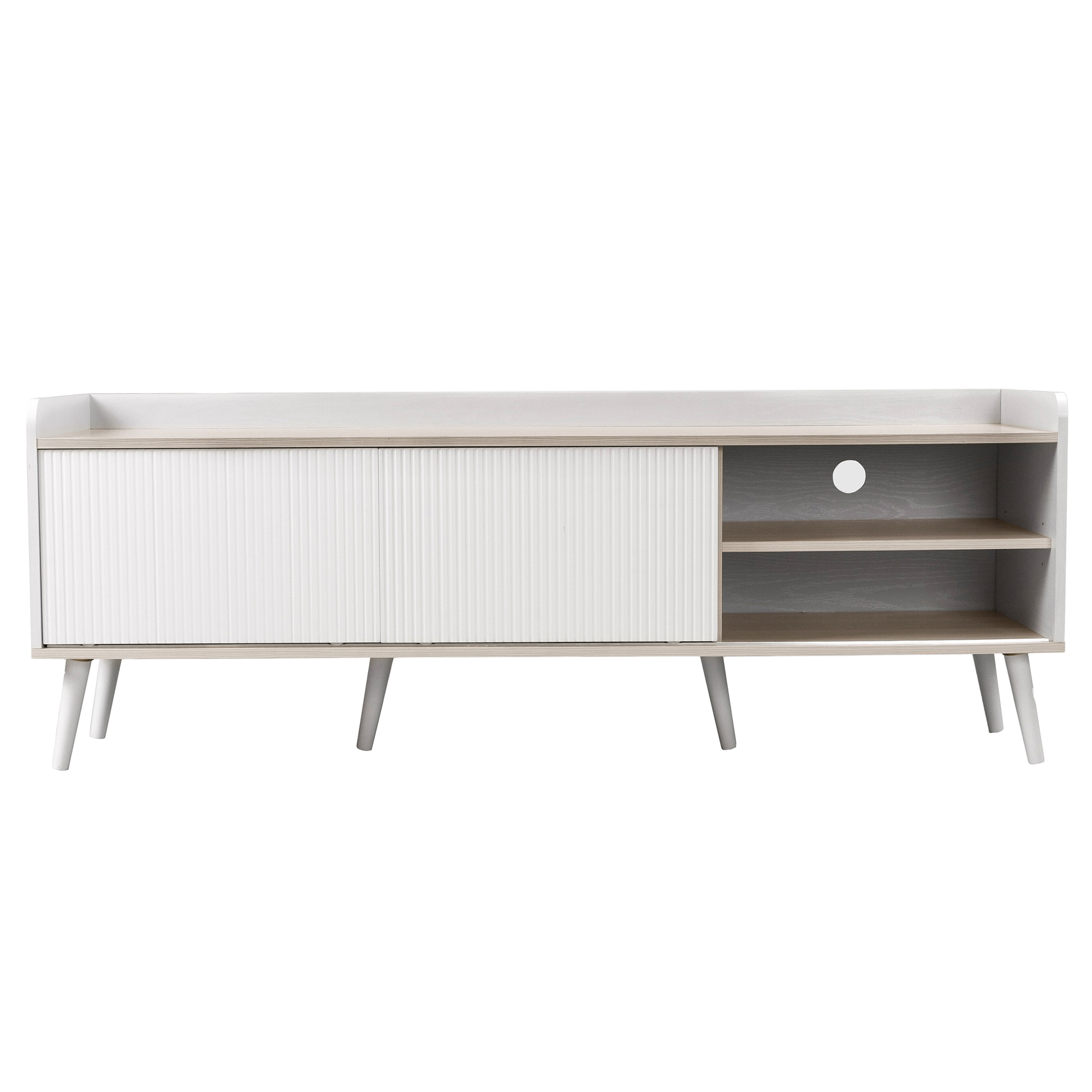 Meuble TV 160 cm blanc & bois, 2 portes coulissantes striées, 2 tiroirs ...