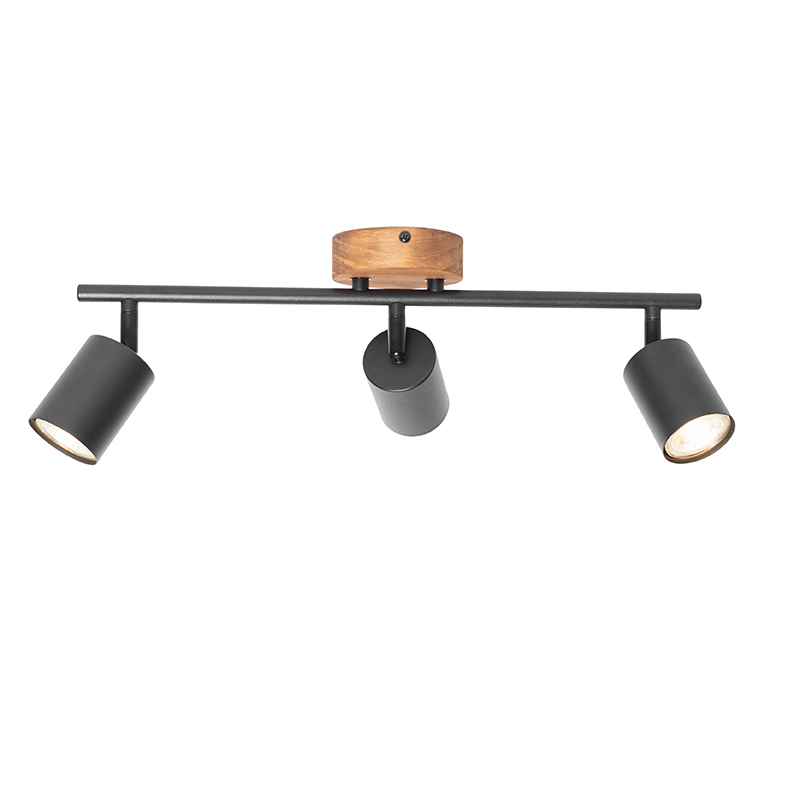 QAZQA Industrial Foco industrial negro con madera inclinable 3 luces ...