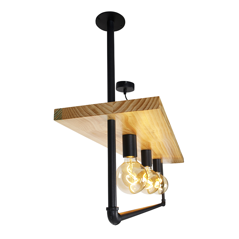 Industrial Ceiling Light Black with Wood 3 Lights - Shelf