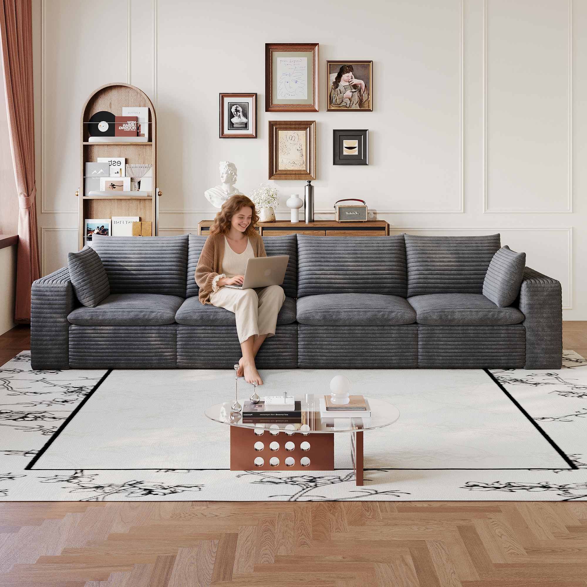 4-Sitzer-Komprimierungssofa, 340 cm, dunkelgrauer Cord, doppelter ...