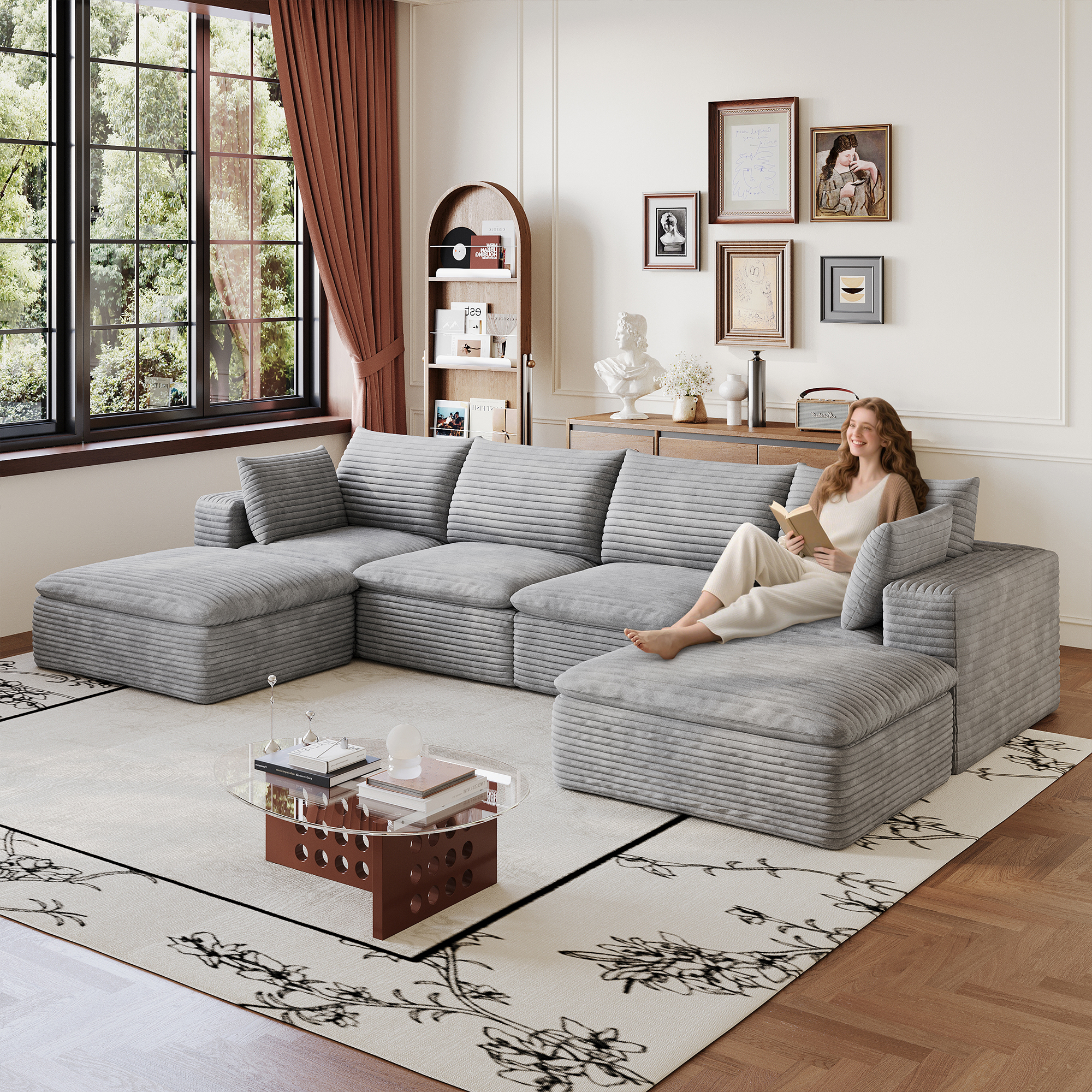 Modulares 4-Sitzer-Sofa in U-Form mit 2 Hockern, Cordbezug, 340 cm ...