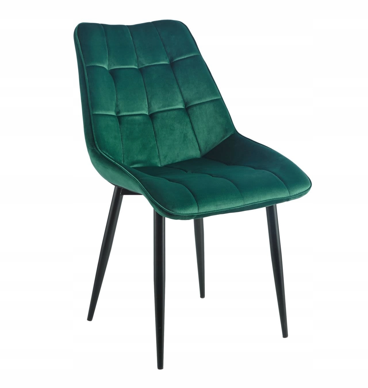 Silla tapizada en terciopelo acolchado verde con estructura negra moderna