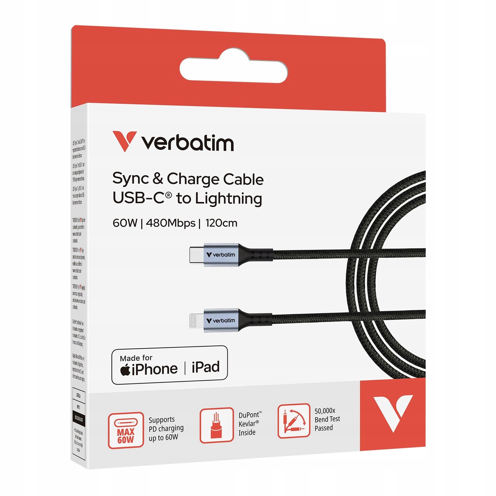 Câble Verbatim USB-C(M) - Lightning 1,2 m, 60 W, noir