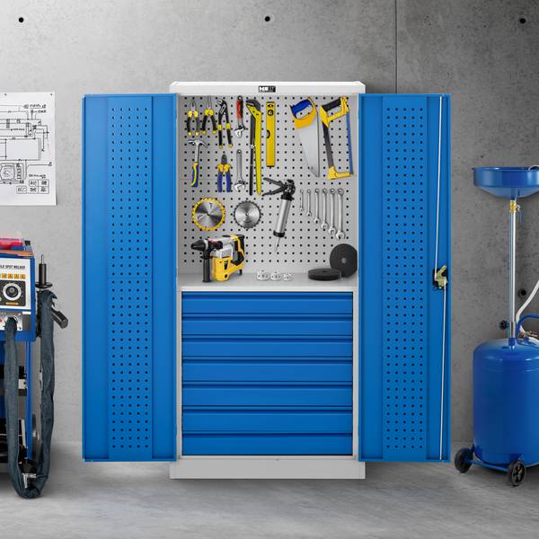 Tool Cabinet - pegboard rear panel and pegboard swing doors - 7 drawers