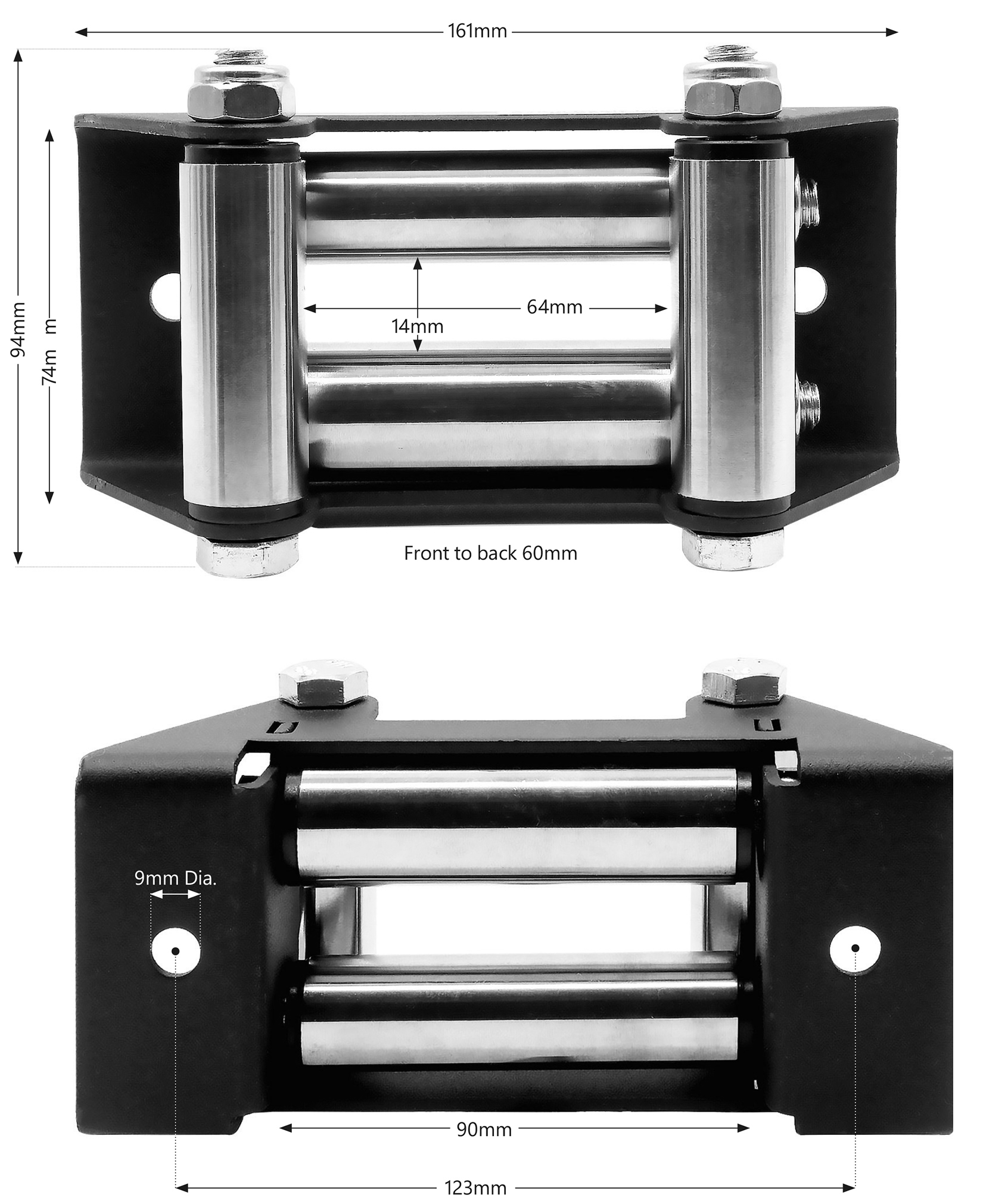 Roller Fairlead, Small, Military Grade Matt Black. Stainless Steel Rollers.