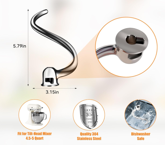 Stainless steel spiral dough hook compatible with KitchenAid tilt-head ...