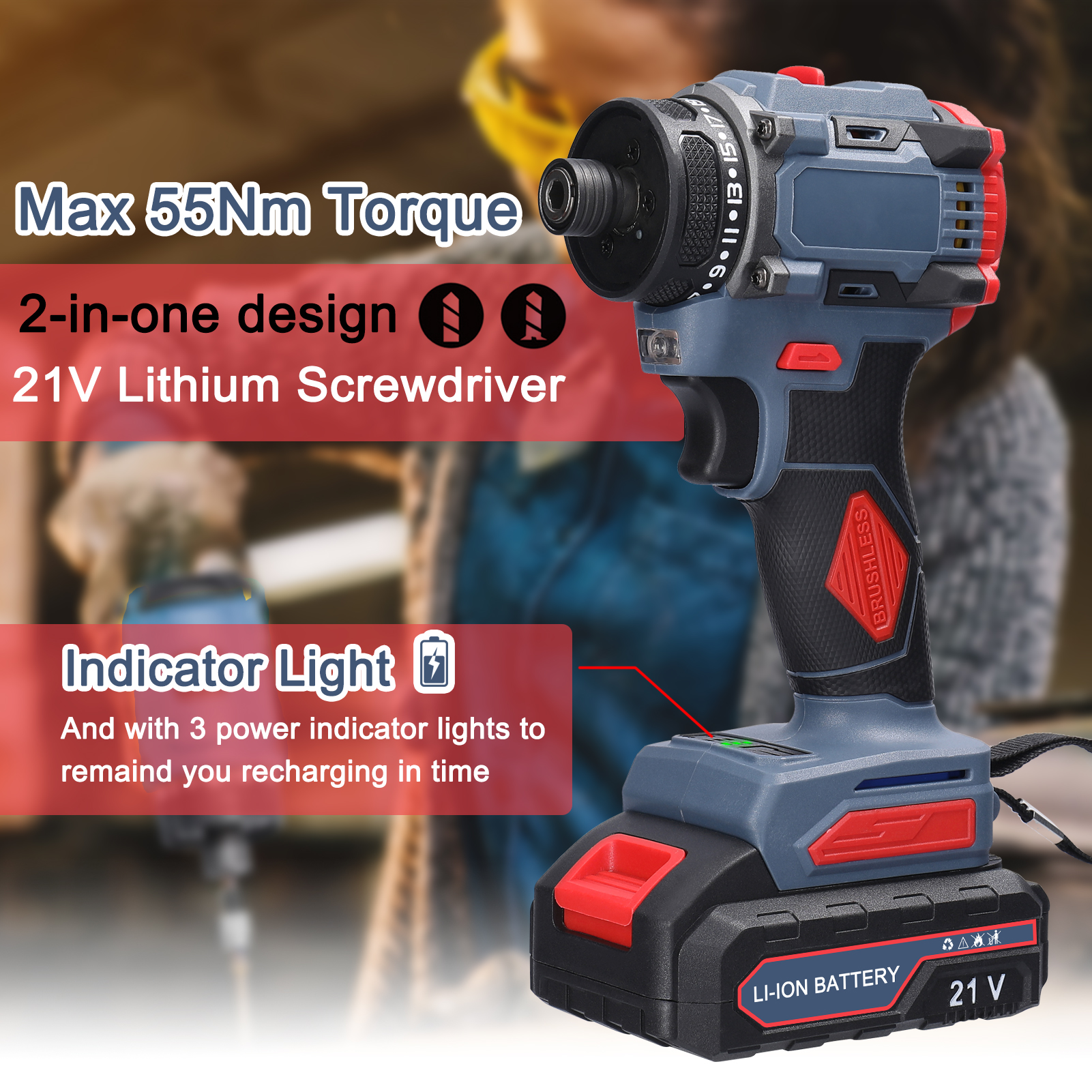 21V 2 in 1 Lithium Drill Electric Screwdriver Multi-function Power Tool 55Nm Torque Brushless ...