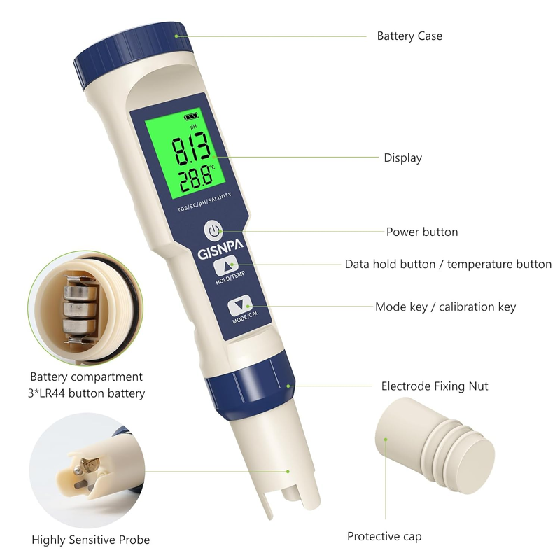 Medidor de pH electrónico CHOYCLIT 5 en 1, con pantalla LCD retroiluminada, para medir la ...