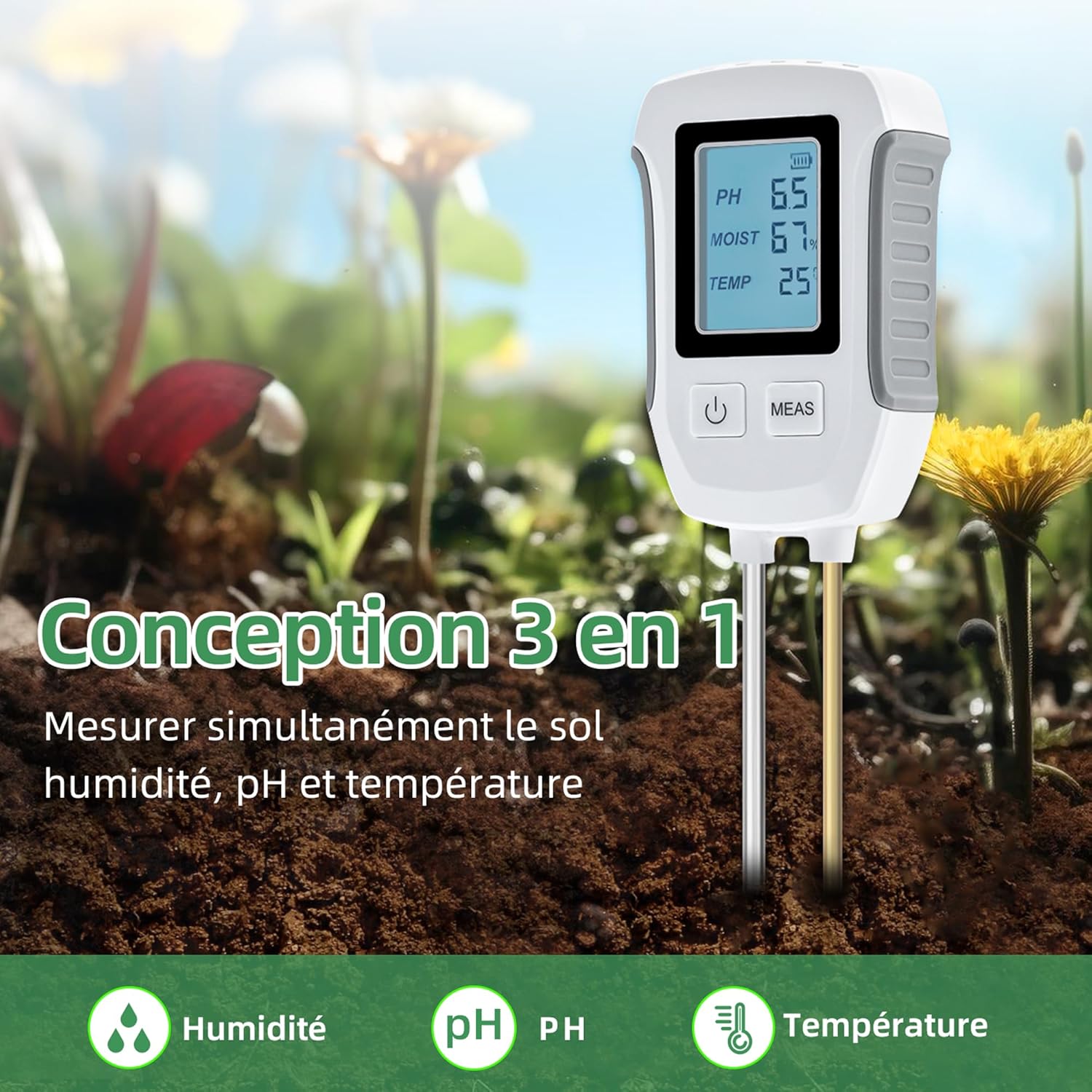 Testeur de Sol ph 3 en 1, Détecteur de Test de Sol Acide-Base, Mesure ...