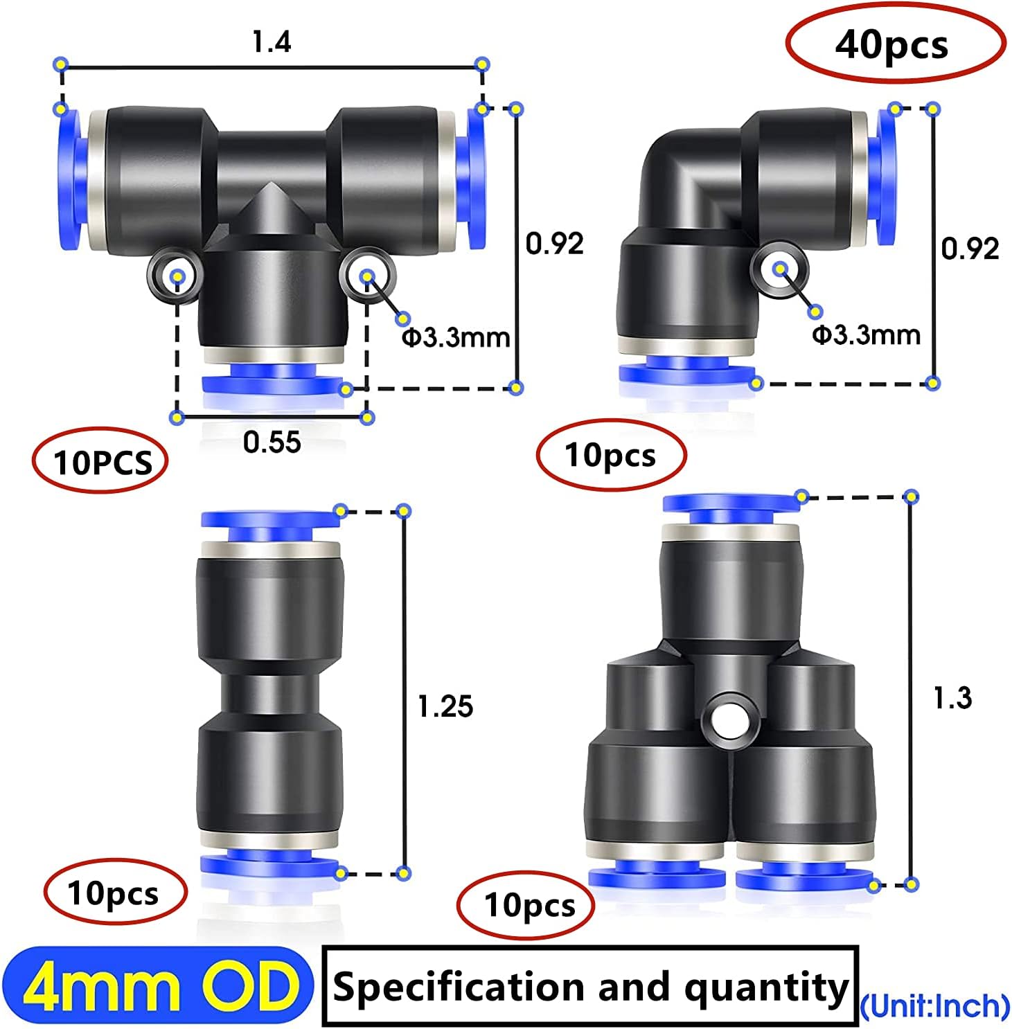 Conectores neumáticos de 4 mm, 40 unidades, conectores rápidos para ...