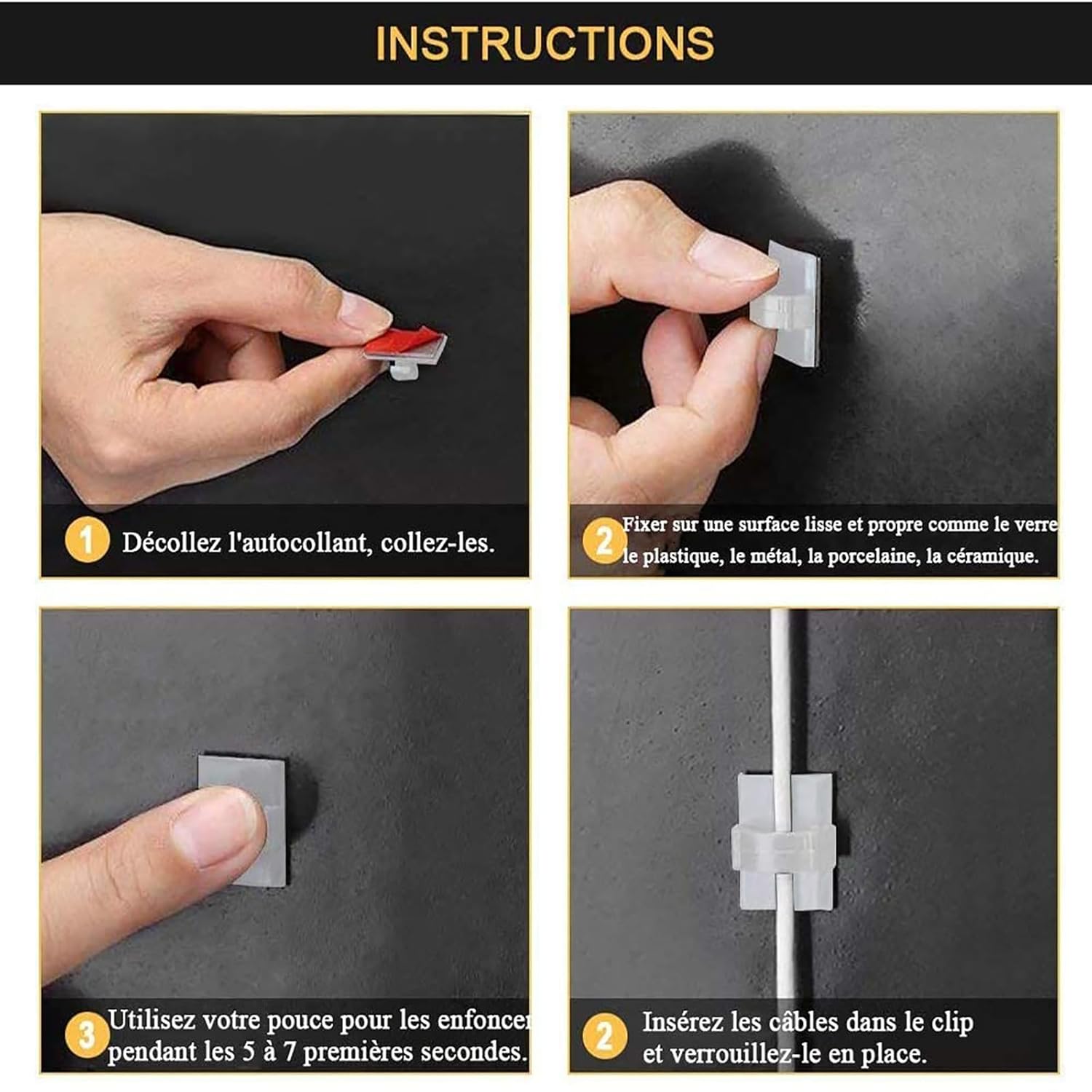 100PCS Clips Câbles Durables avec 3M Adhésif, Rangement de Cordon Serre ...
