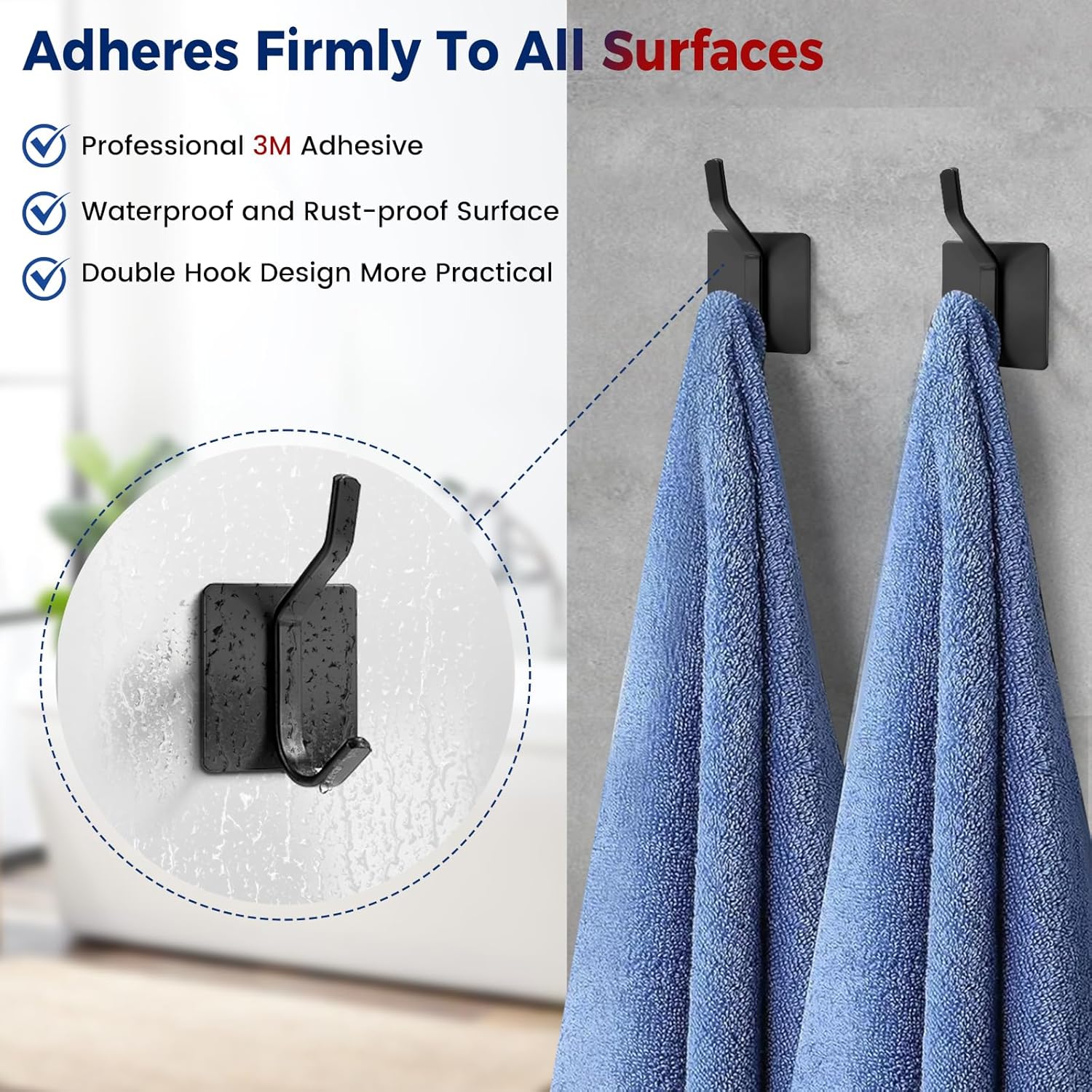 Pieces Adhesive Wall Hooks, Strong Self-Adhesive Double Hooks for Walls ...