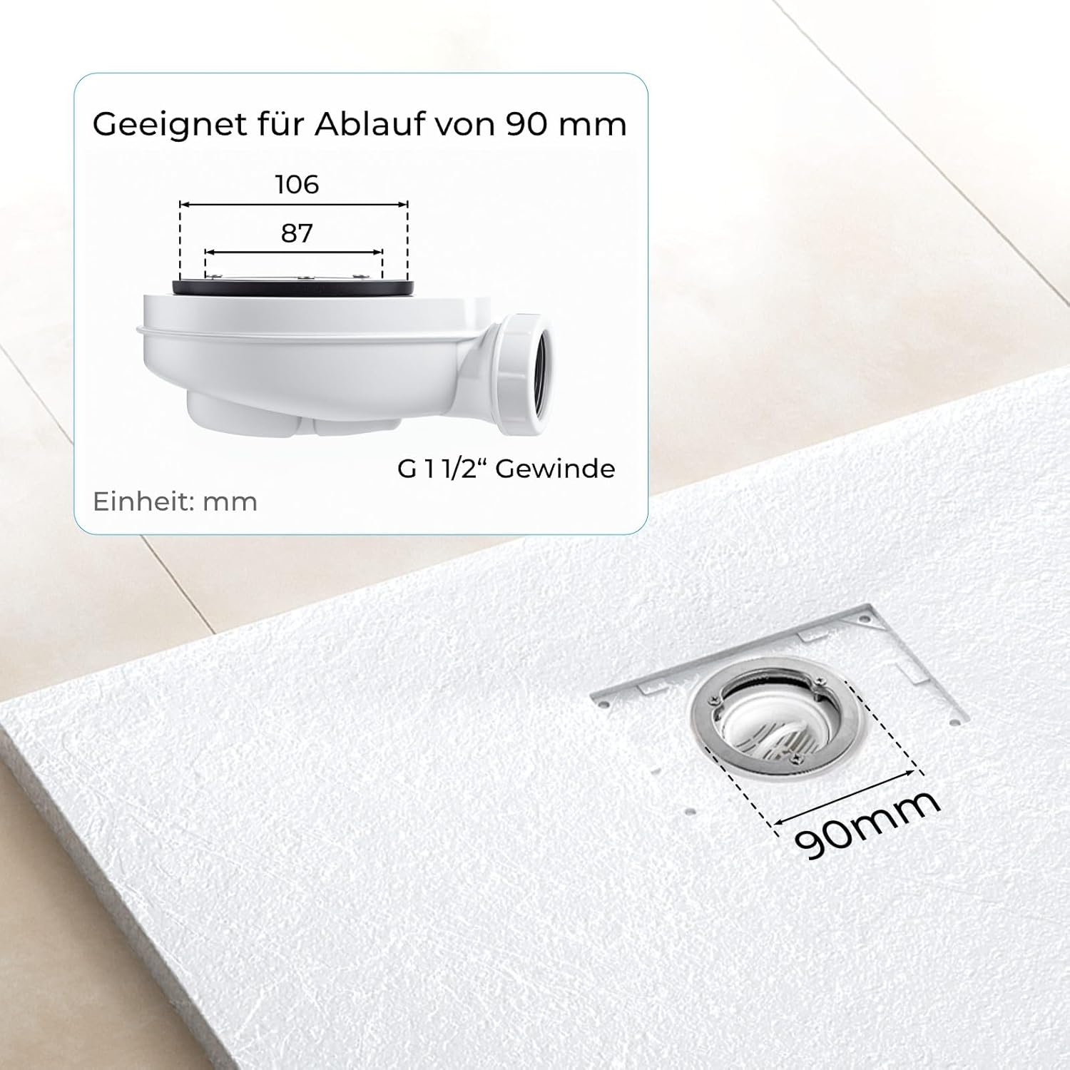 90mm shower drain, 40/50mm outlet diameter, siphon with trap for shower ...