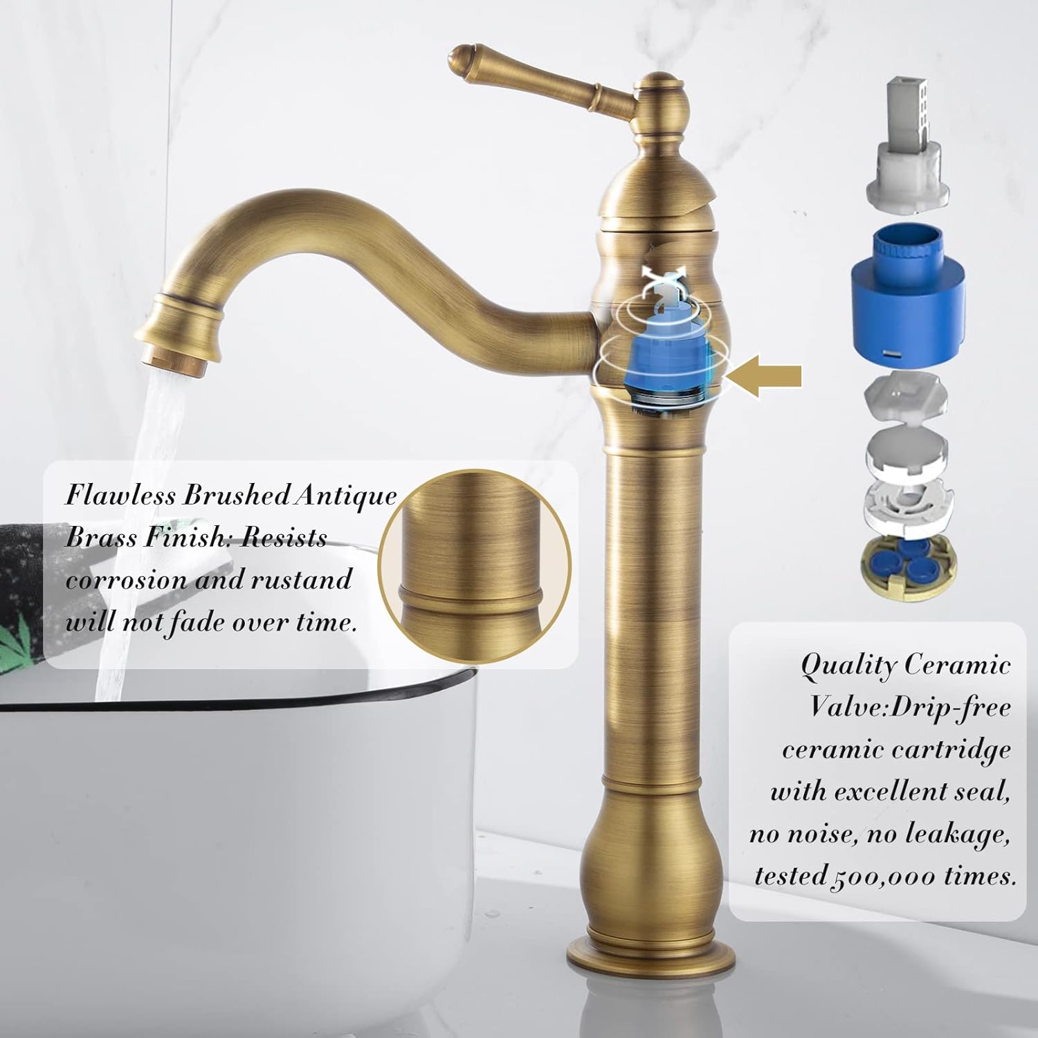 Retro Brass Bathroom Faucet High, Antique Basin Mixer Tap with Spout ...