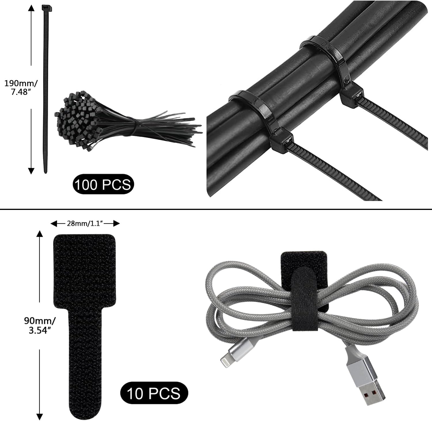 200 Pièces Kit de Gestion des Câbles, 4 Manchon de Câble Gaine, 3 Clips Câble Organisateur ...