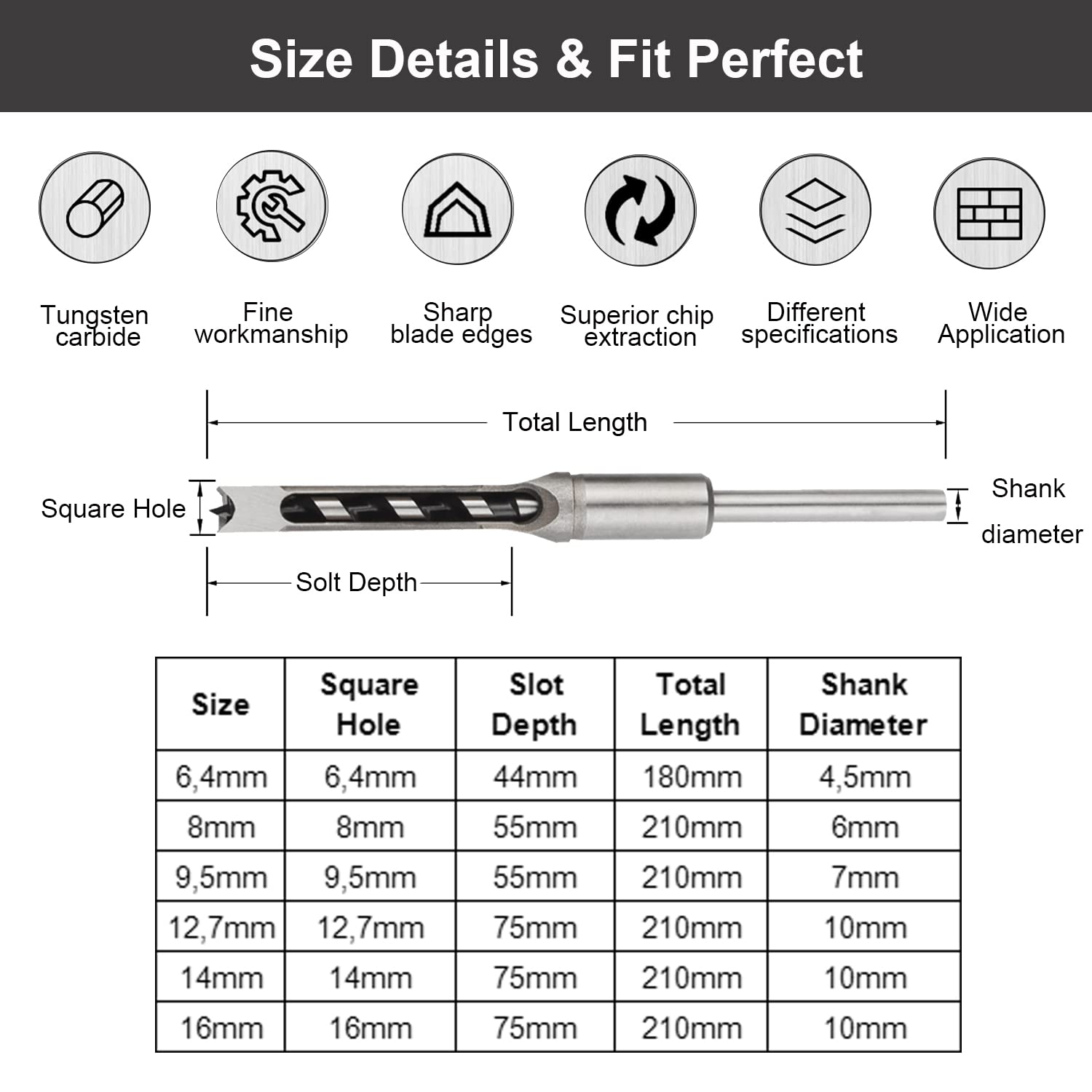 6Pcs Wood Drill Bits Square Hole Hollow Chisels Steel Tools Set for ...
