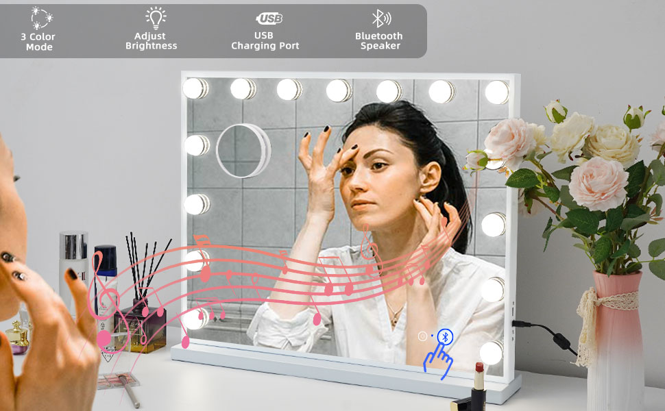 FENCHILIN Vanity Mirror with Lights and Bluetooth Speaker Makeup Mirror ...