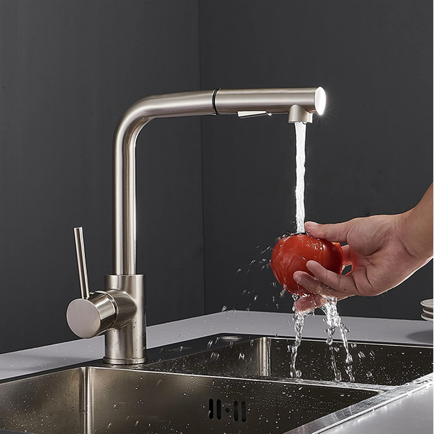 360° swivel kitchen tap with pull-out spray head, 2 spray patterns ...