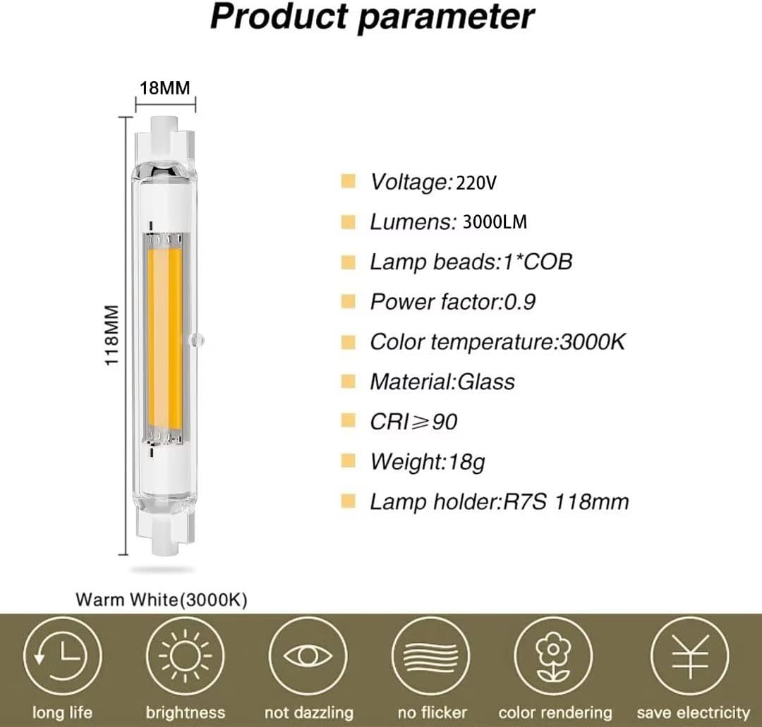 R7S 118mm 30W Dimmable LED Bulb, Equivalent to 300W Halogen Lamp, Warm White 3000K, Flicker-Free ...