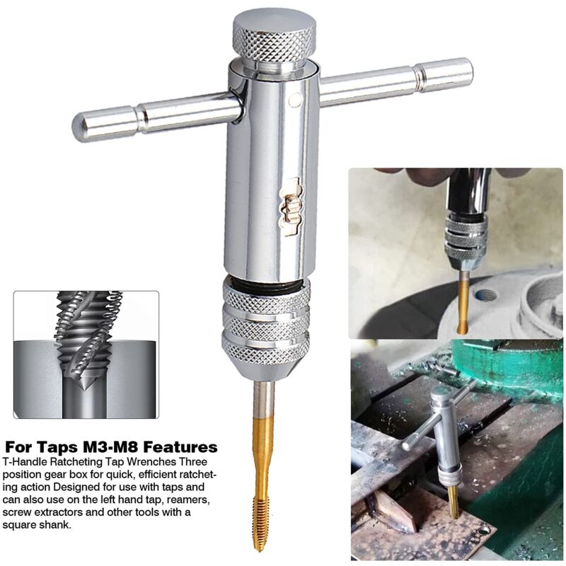 Silver Adjustable T-Handle Ratchet Tap Holder Wrench with 5pcs M3-M8 ...