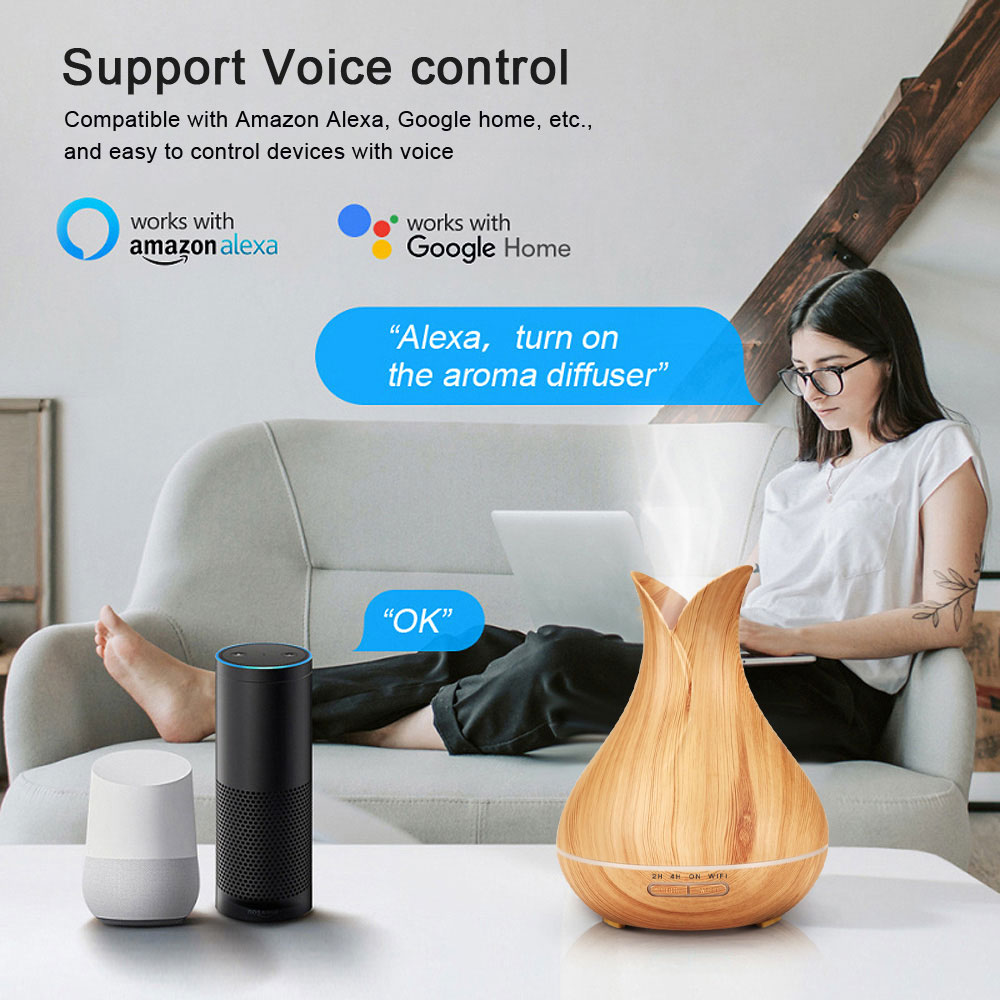 Tuya Diffusore di Aromi ad Ultrasuoni Smart WiFi con Luce LED Legno Chiaro