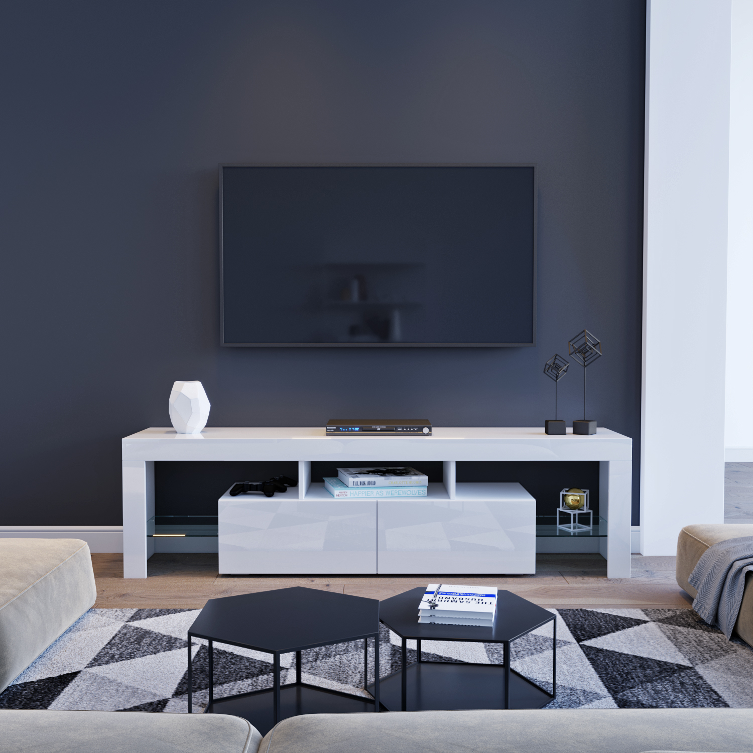 ELEGANT White TV Unit High Gloss TV Cabinet Stand 1600mm with LED ...