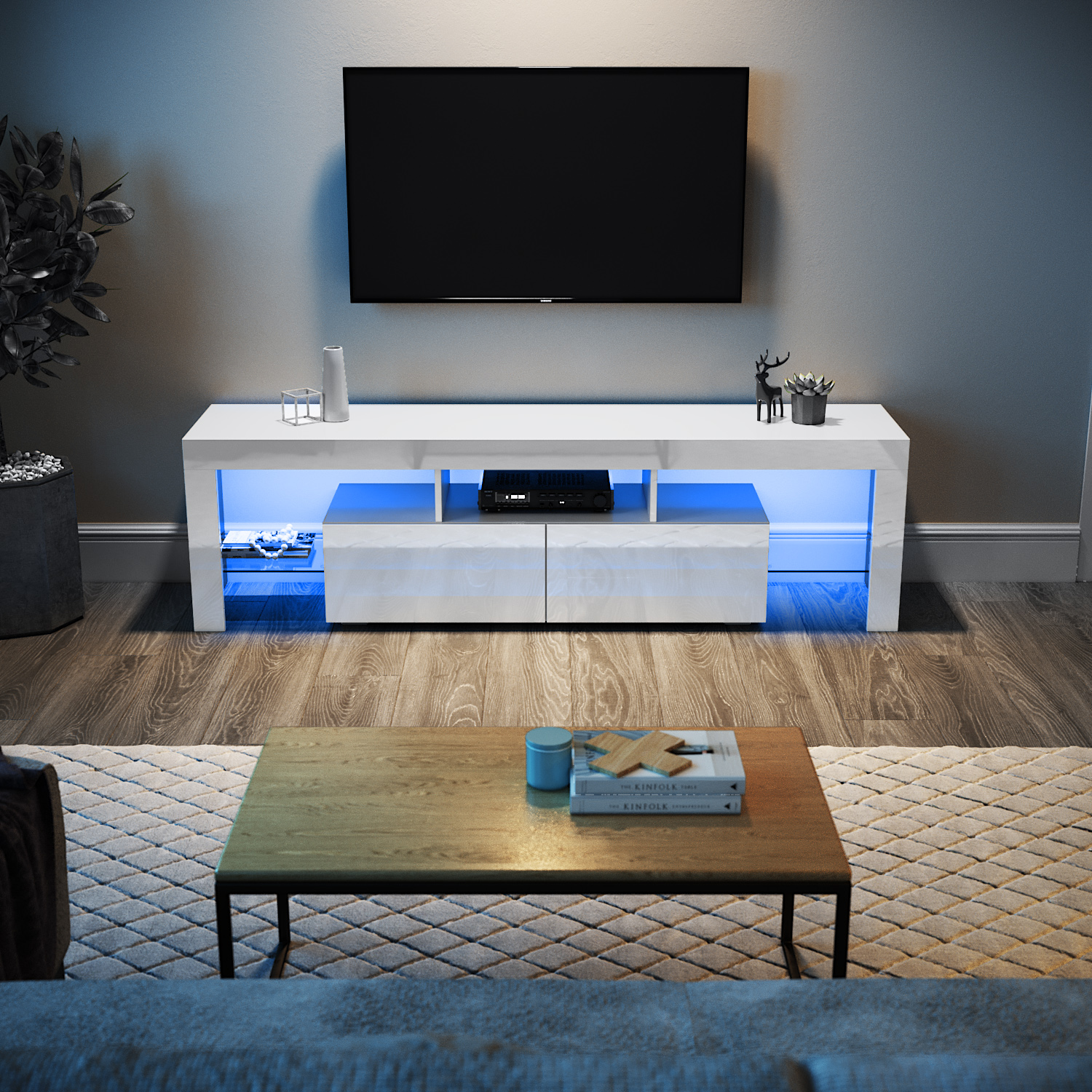 ELEGANT White TV Unit High Gloss TV Cabinet Stand 1600mm with LED ...