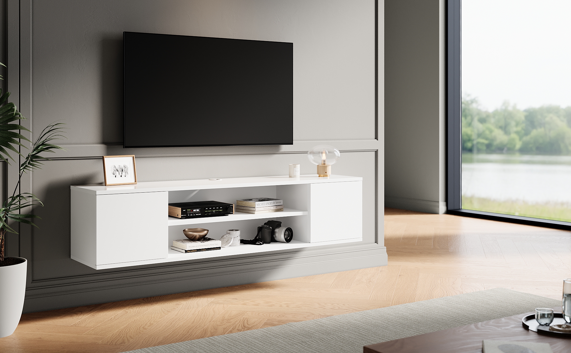 ELEGANT White Floating TV Stands Wall Mounted TV Entertainment Center ...