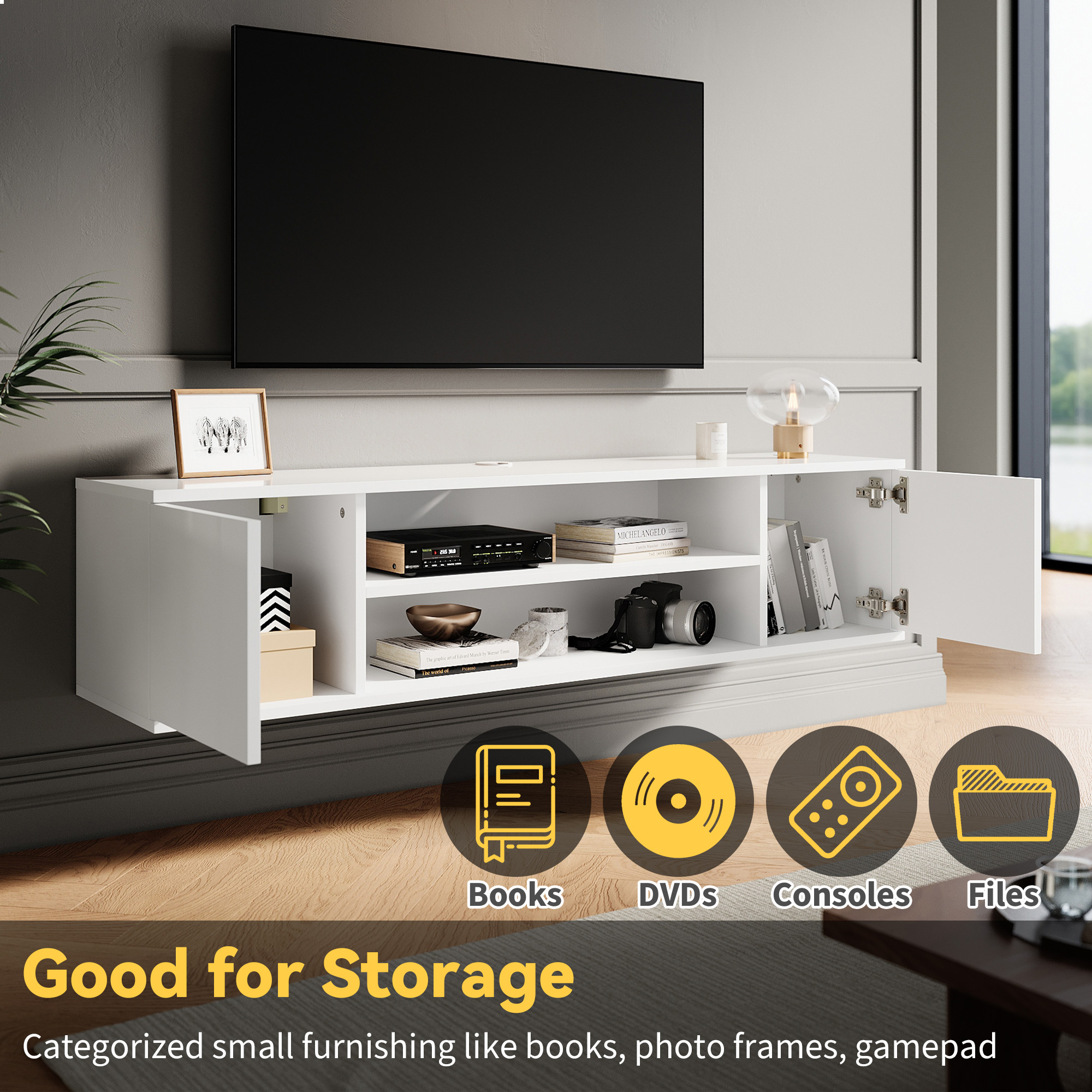 ELEGANT White Floating TV Stands Wall Mounted TV Entertainment Center ...
