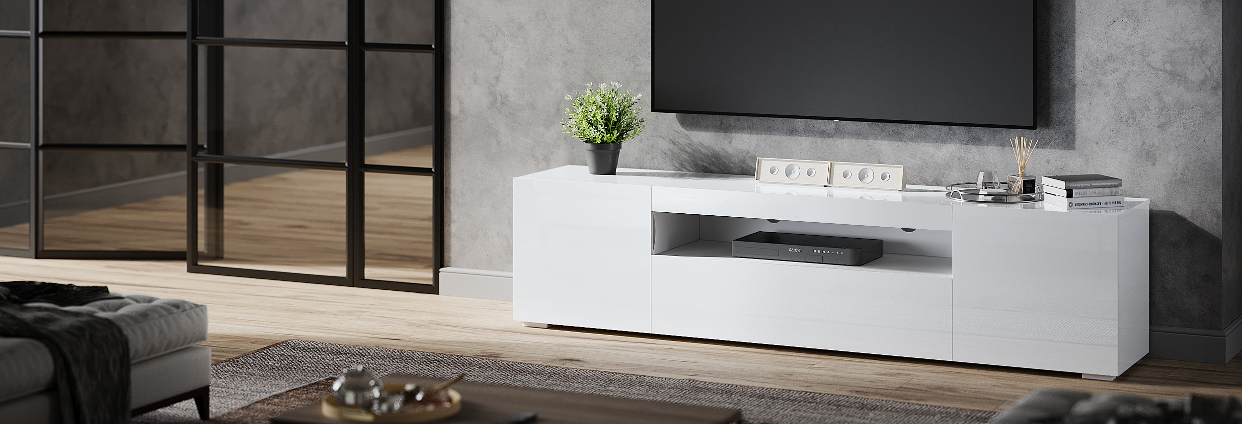 ELEGANT Modern TV Stand High Gloss LED Light TV Cabinet 2000mm Living ...