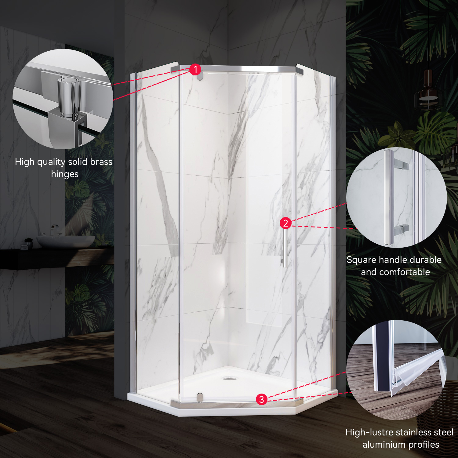 ELEGANT 900x900mm Semi-Frameless Pivot Pentagonal Shower Enclosure 8mm ...