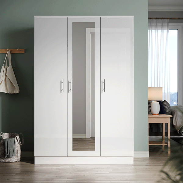 ELEGANT Wardrobe Triple Door with Mirror White High Gloss Bedroom ...
