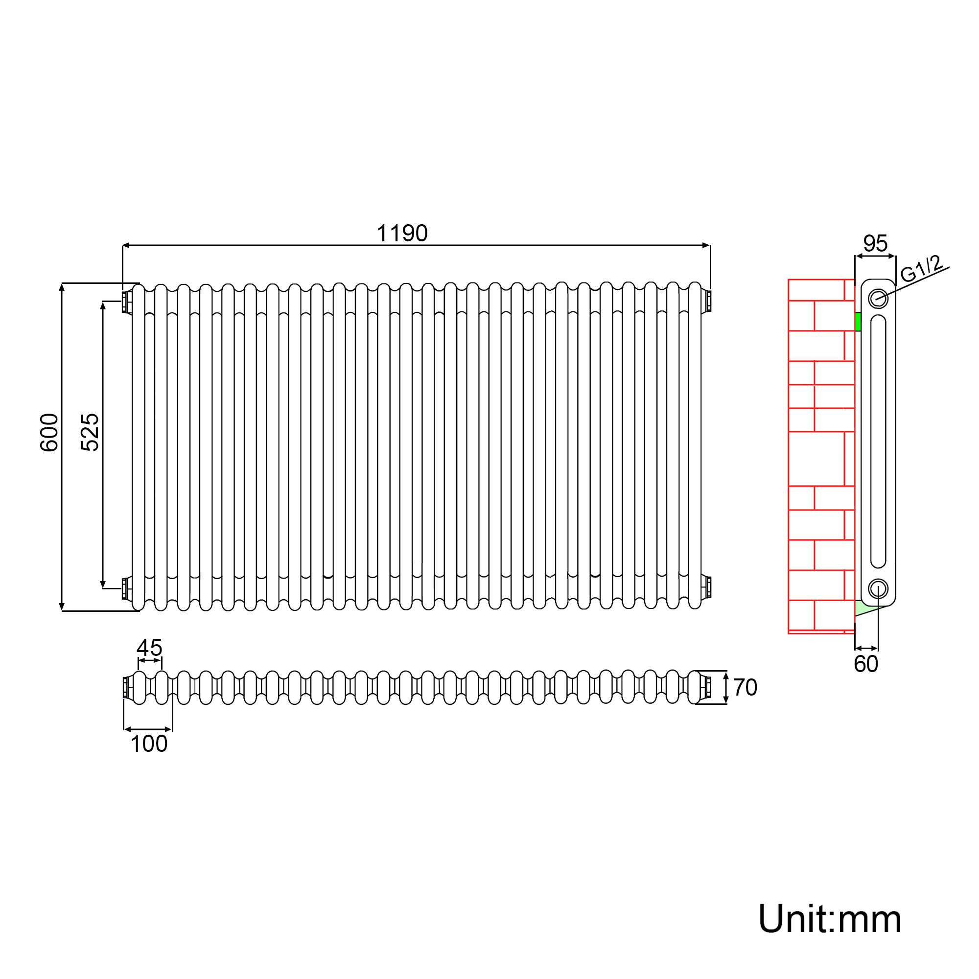 ELEGANT 600 x 1190mm 2 Column Radiator Traditional Central Heating ...