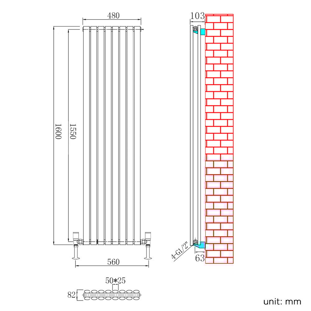 ELEGANT 1600 x 480mm Vertical Column Radiator White Oval Double Panel ...