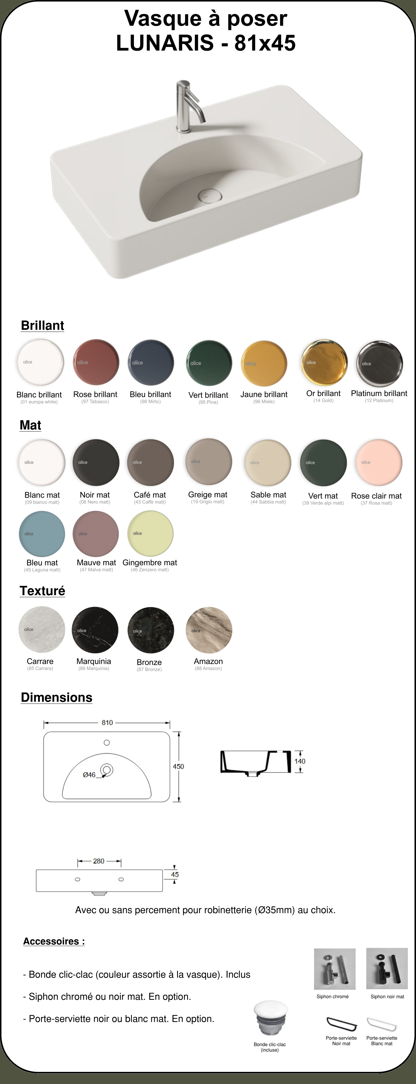 Lavabo, vasque à poser LUNARIS 81x45 Blanc brillant Avec bonde (colori ...