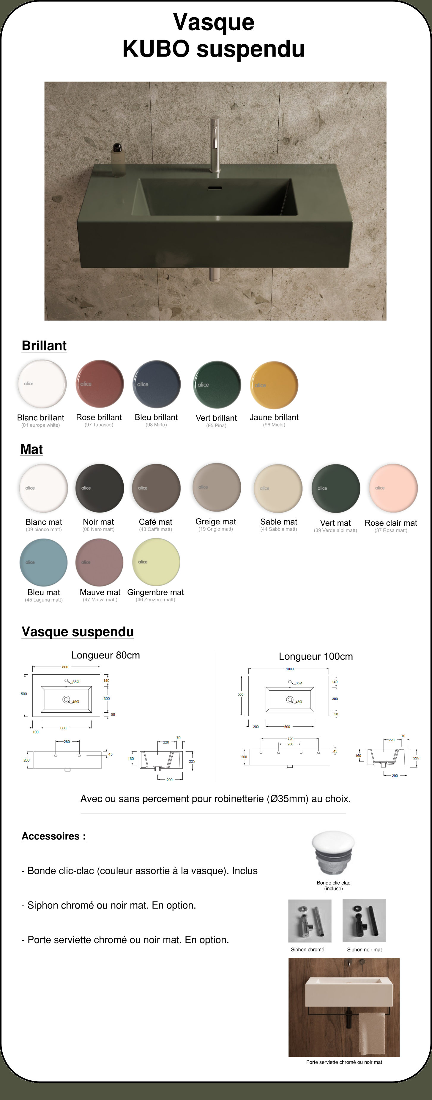 Lavabo, vasque à suspendre KUBO Sable mat Avec bonde (colori assorti ...